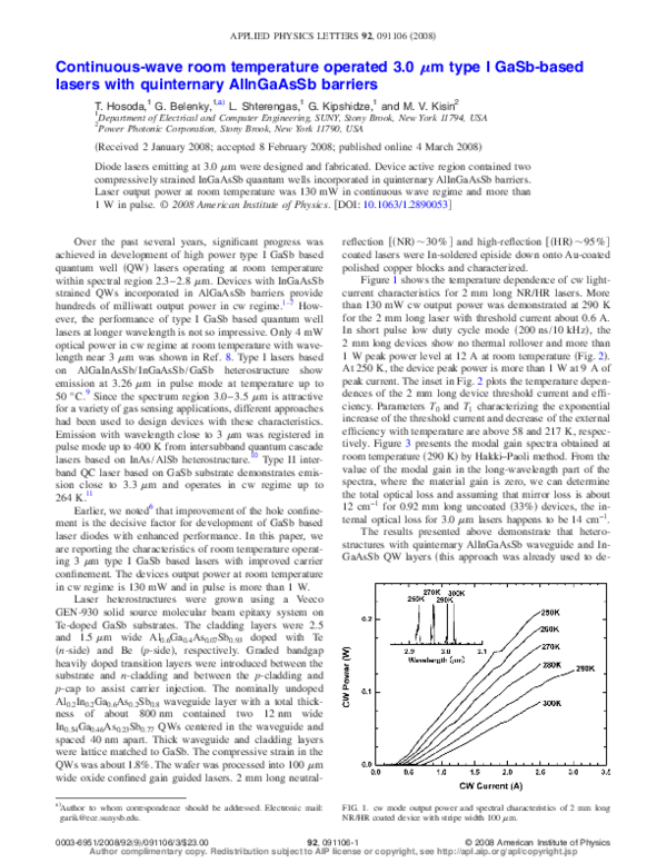 (PDF) Continuous-wave room temperature operated 3.0 μm type I GaSb ...