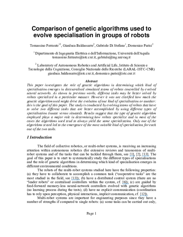 (PDF) Comparison of genetic algorithms used to evolve specialisation in groups of robots