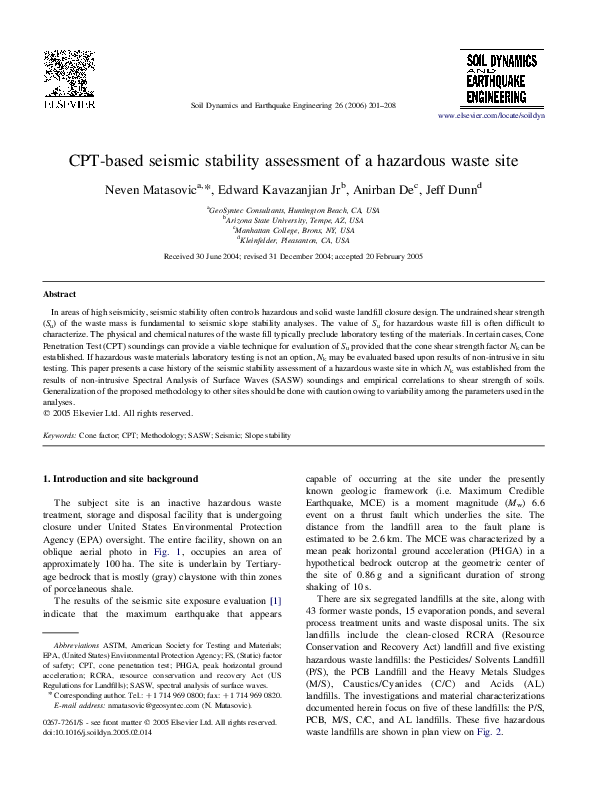 (PDF) CPT-based seismic stability assessment of a hazardous waste site