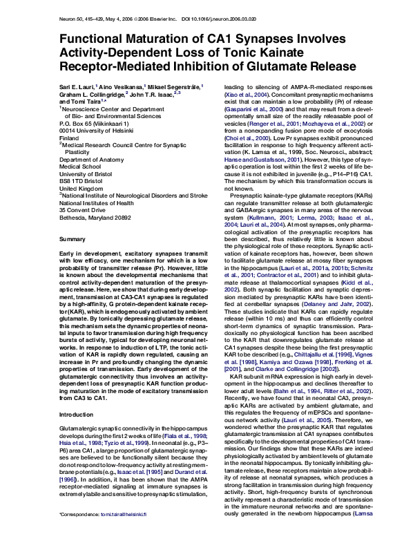 (PDF) Functional Maturation of CA1 Synapses Involves Activity-Dependent ...