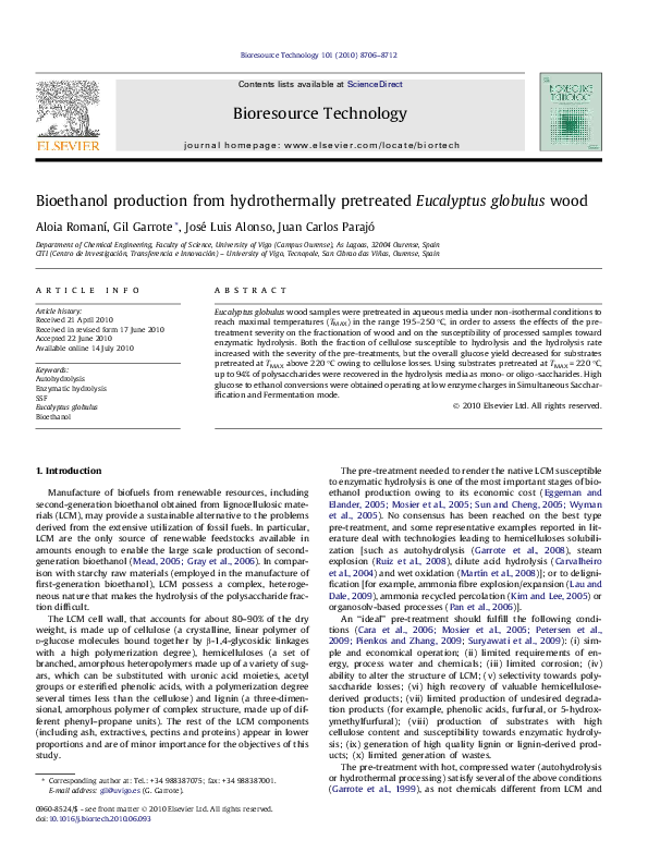 (PDF) Bioethanol production from hydrothermally pretreated Eucalyptus ...
