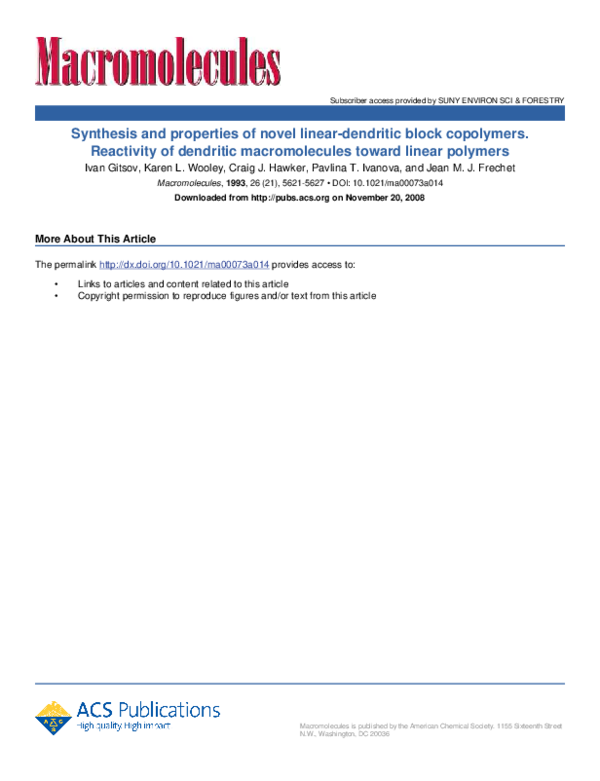 Pdf Synthesis And Properties Of Novel Linear Dendritic Block Copolymers Reactivity Of