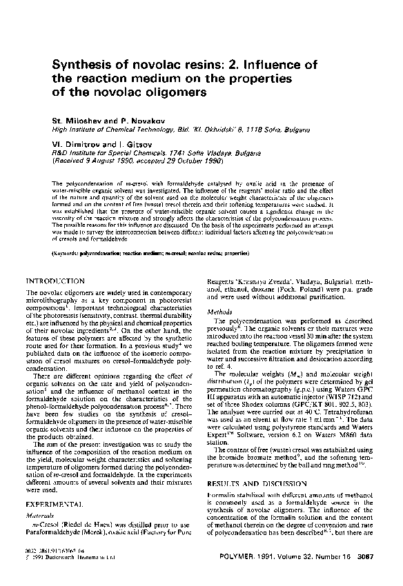 (PDF) Synthesis of novolac resins: 2. Influence of the reaction medium ...