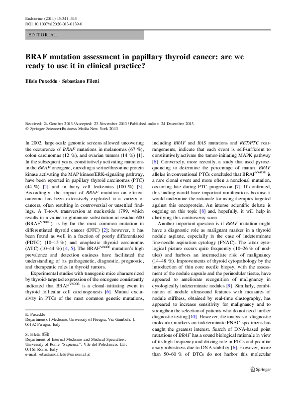 (PDF) BRAF mutation assessment in papillary thyroid cancer: are we ready to use it in clinical ...