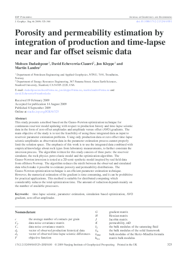 Pdf Porosity And Permeability Estimation By Integration Of Production And Time Lapse Near And