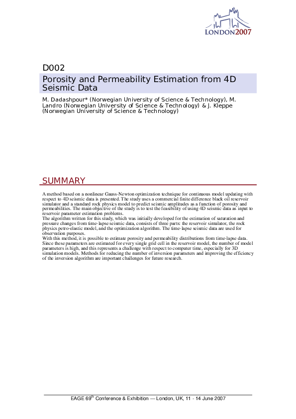 Pdf Porosity And Permeability Estimation From 4d Seismic Data