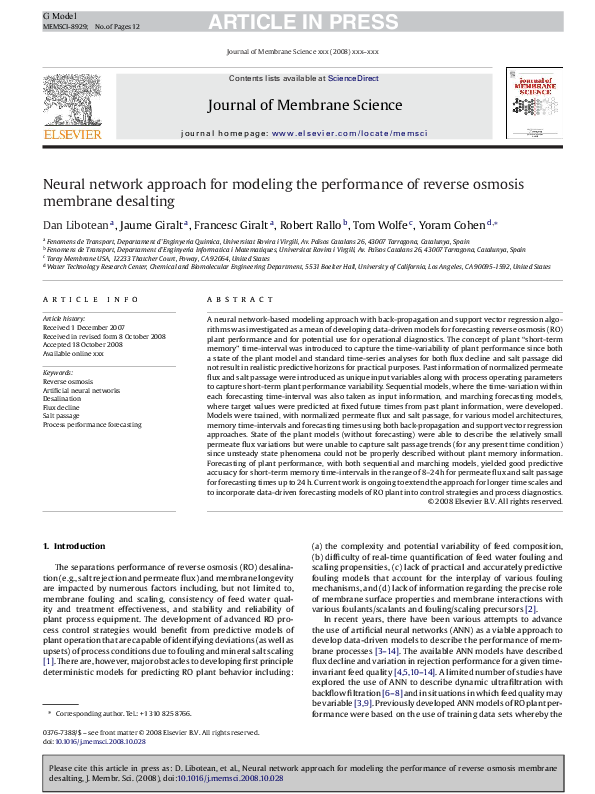 Pdf Neural Network Approach For Modeling The Performance Of Reverse Osmosis Membrane Desalting