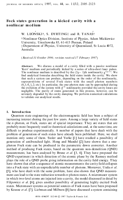 (PDF) Fock states generation in a kicked cavity with a nonlinear medium