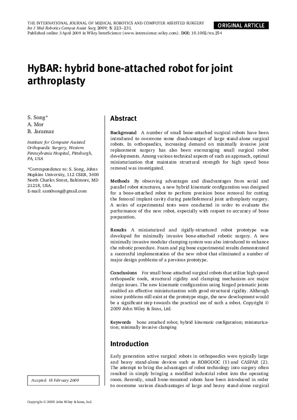 (PDF) HyBAR: hybrid bone-attached robot for joint arthroplasty | Sang-Eun Song - Academia.edu