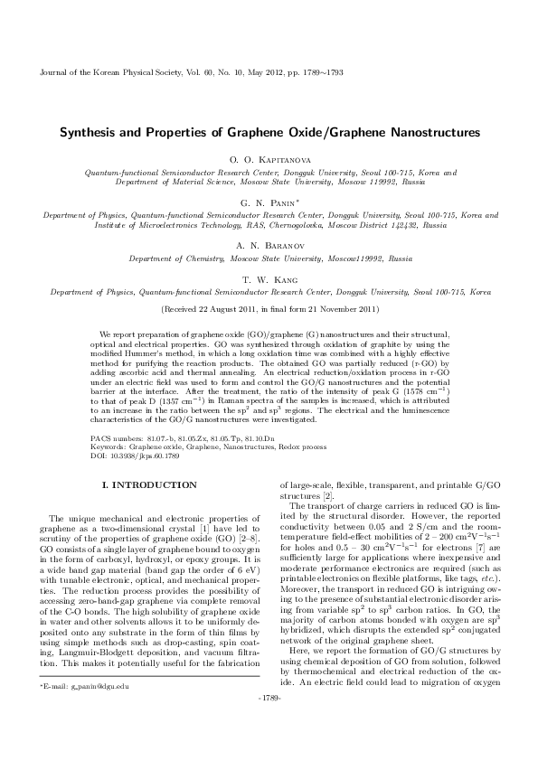 (PDF) Synthesis and properties of graphene oxide/graphene nanostructures