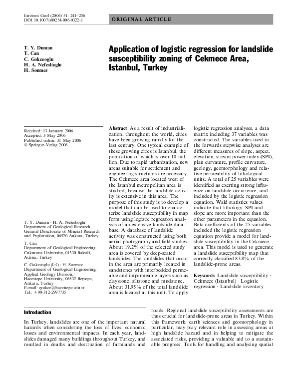 (PDF) Application of logistic regression for landslide susceptibility zoning of Cekmece Area ...