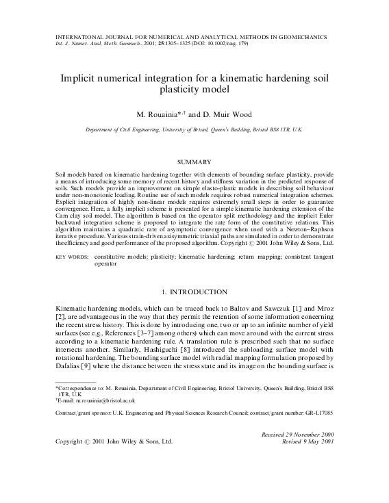 (PDF) Implicit numerical integration for a kinematic hardening soil plasticity model