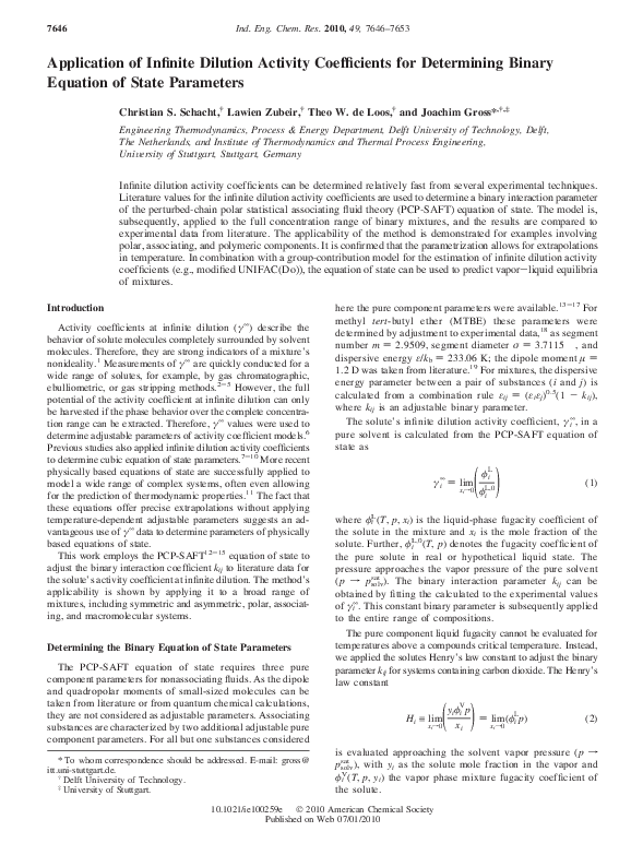 (PDF) Application of Infinite Dilution Activity Coefficients for Determining Binary Equation of ...