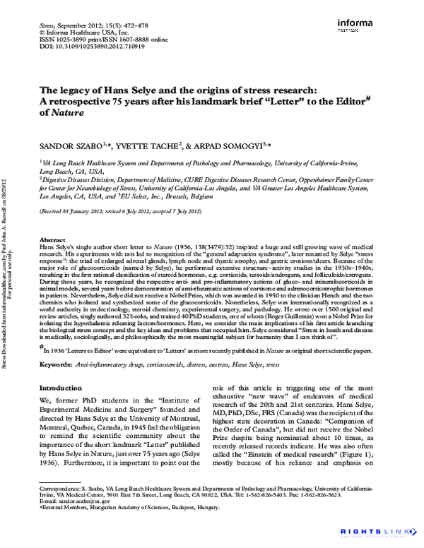 (PDF) The legacy of Hans Selye and the origins of stress research: A ...