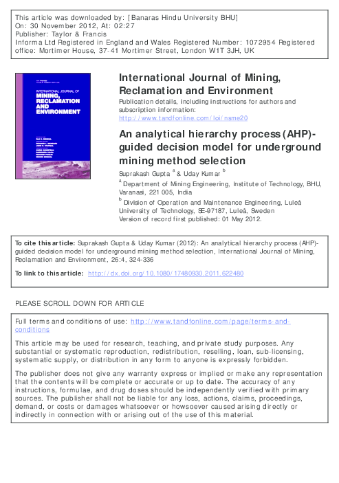 Pdf An Ahp Guided Decision Model For Underground Mining Method