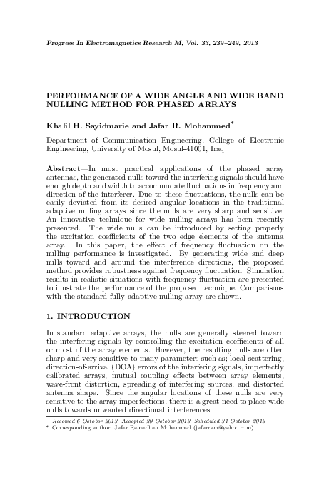(PDF) Sayidmarie, K. H. and Mohammed, J. R., "Performance of a Wide Angle and Wideband Nulling ...