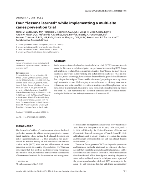 (PDF) Four “lessons learned” while implementing a multi-site caries ... (PDF) Four “lessons learned” while implementing a multi-site caries ...