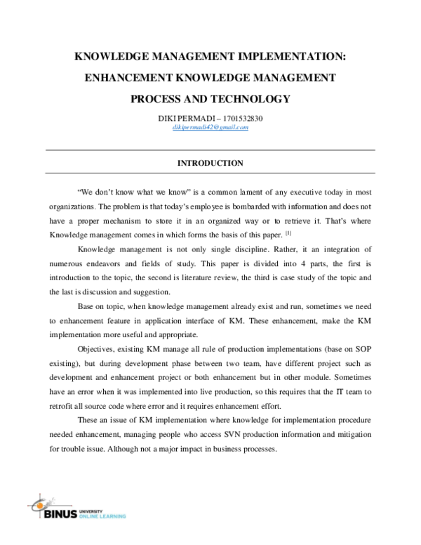 (PDF) KNOWLEDGE MANAGEMENT IMPLEMENTATION: ENHANCEMENT KNOWLEDGE MANAGEMENT PROCESS AND TECHNOLOGY