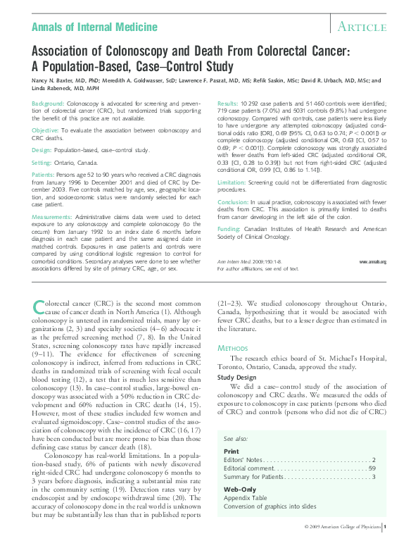 (PDF) Baxter, N. N. et al. Association of colonoscopy and death from ...