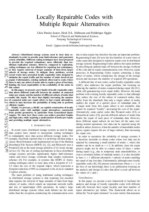 (PDF) Multiple Repair Alternatives in Locally Repairable Codes