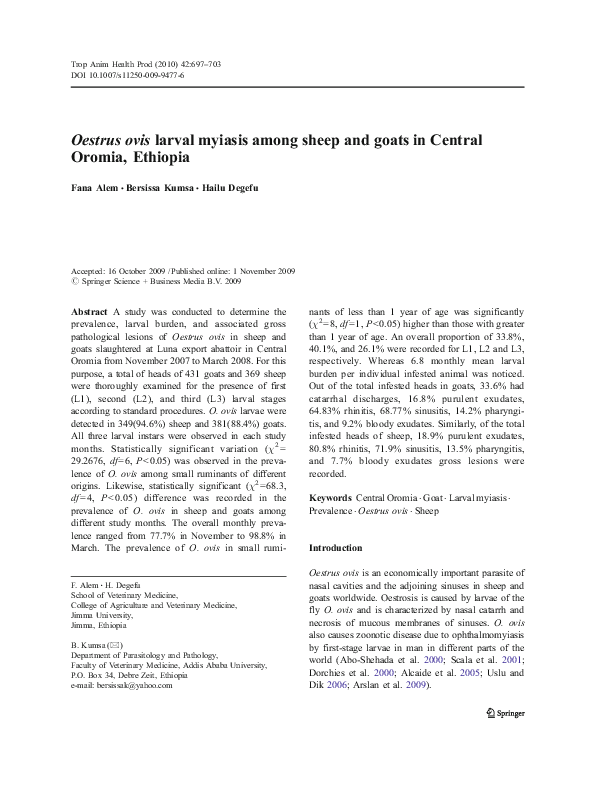 (PDF) Oestrus ovis larval myiasis among sheep and goats in Central ...