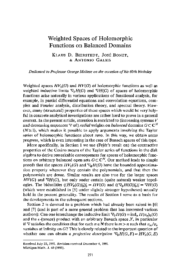 (PDF) Weighted spaces of holomorphic functions on balanced domains