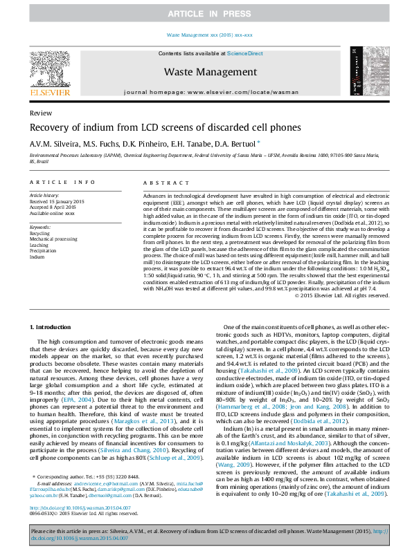 (PDF) Recovery of indium from LCD screens of discarded cell phones