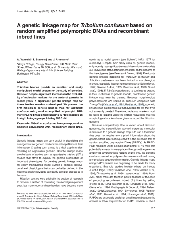 (PDF) A genetic linkage map for Tribolium confusum based on random ...