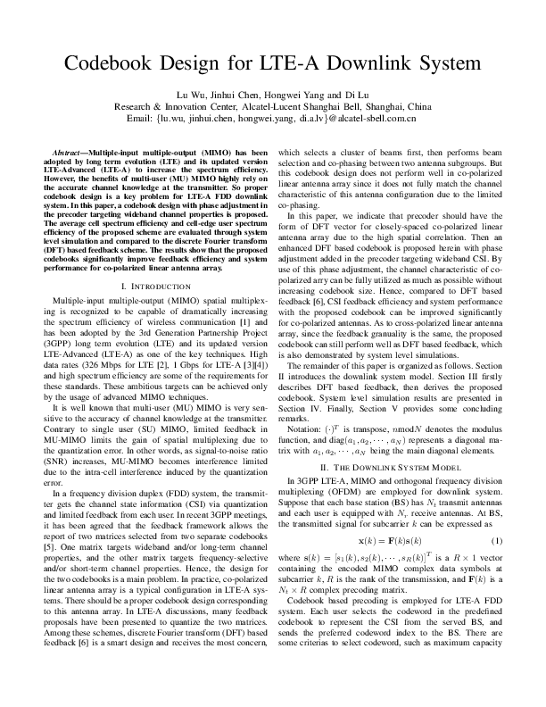 (PDF) Codebook Design for LTE-A Downlink System