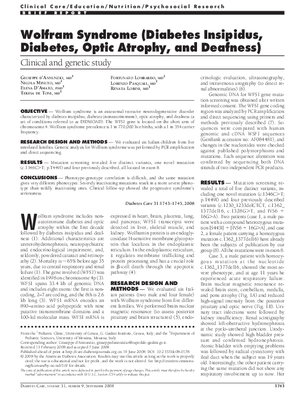 (PDF) Identification of unsuspected Wolfram syndrome cases through clinical assessment and WFS1 ...
