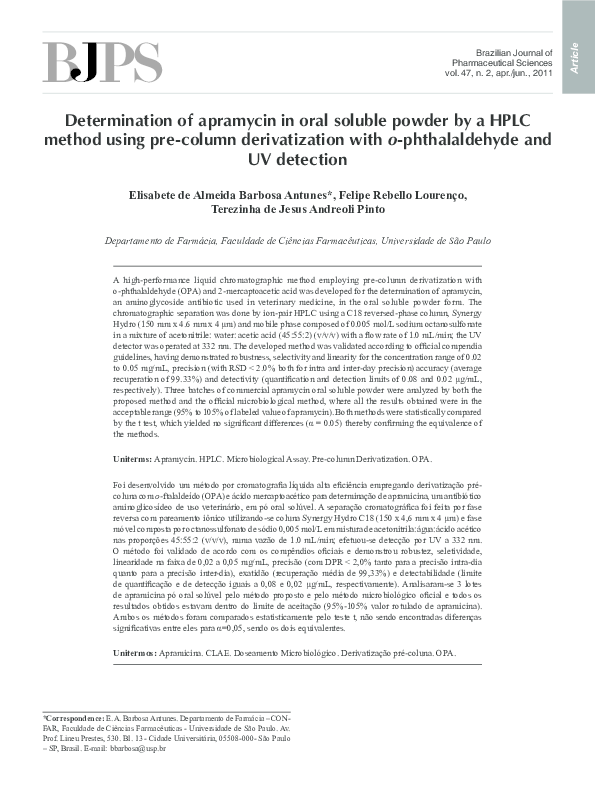Pdf Determination Of Apramycin In Oral Soluble Powder By A Hplc Method Using Pre Column