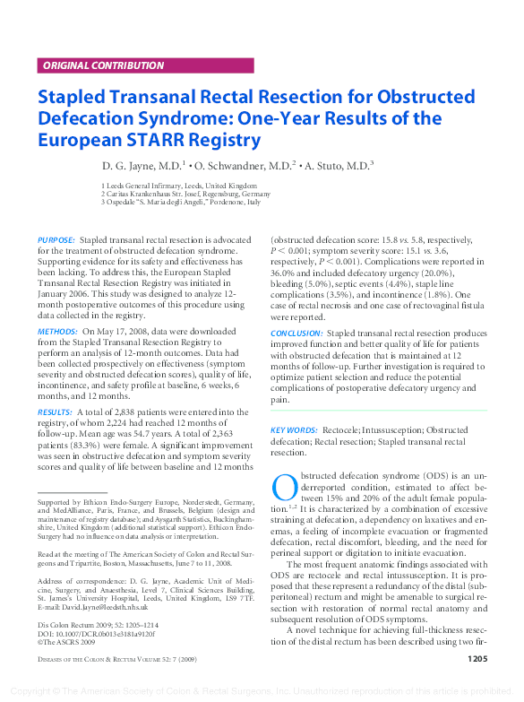 (PDF) Stapled Transanal Rectal Resection for Obstructed Defecation ...