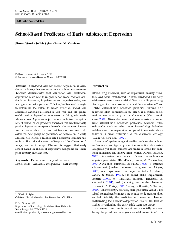 (PDF) School-Based Predictors of Early Adolescent Depression