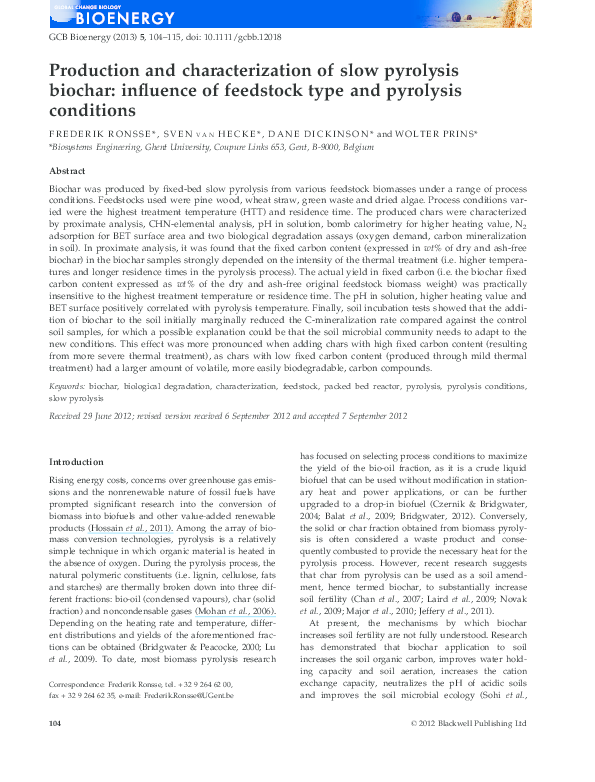 (PDF) Production and characterization of slow pyrolysis biochar ...
