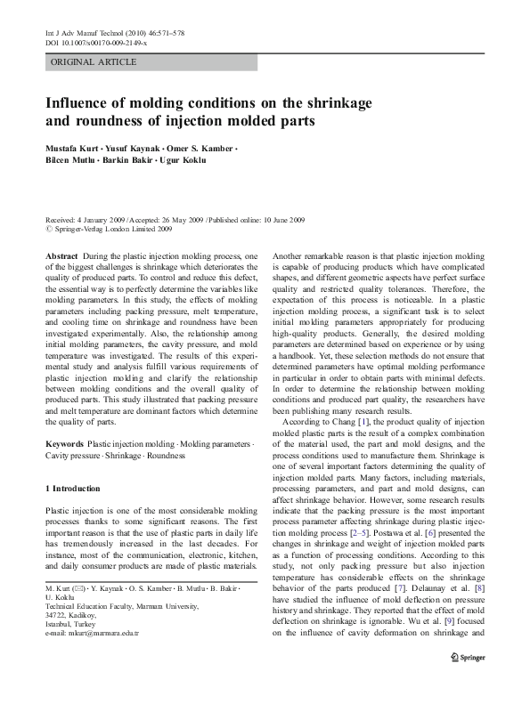 Pdf Influence Of Molding Conditions On The Shrinkage And Roundness Of Injection Molded Parts