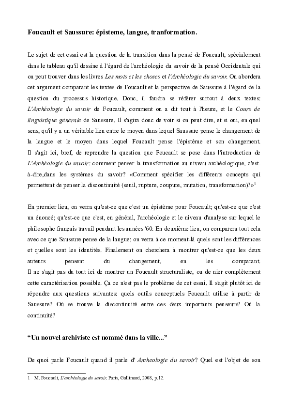 (PDF) Foucault et Saussure: épisteme, langue, transformation