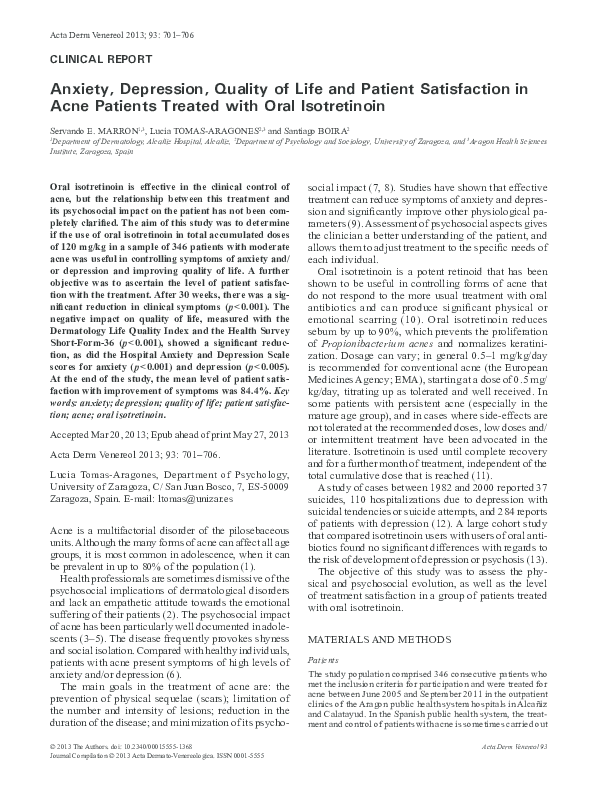 (PDF) Anxiety, Depression, Quality of Life and Patient Satisfaction in Acne Patients Treated ...