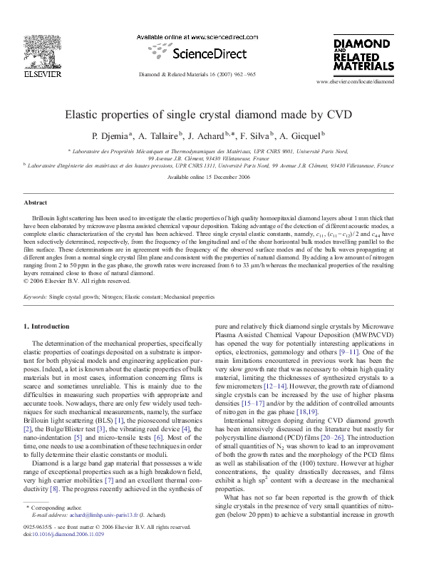 (PDF) Elastic properties of single crystal diamond made by CVD