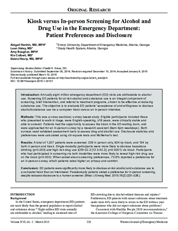 (PDF) Kiosk versus In-person Screening for Alcohol and Drug Use in the ...