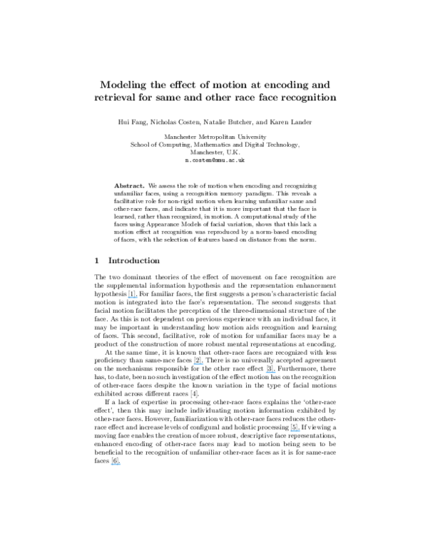 Pdf Modeling The Effect Of Motion At Encoding And Retrieval For Same