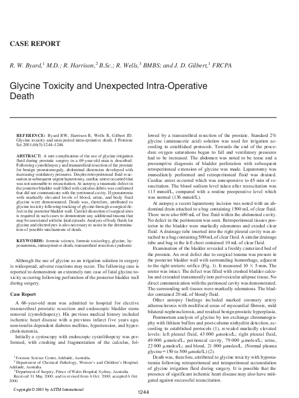(PDF) Glycine toxicity and unexpected intra-operative death