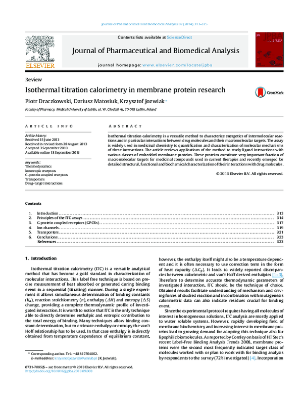 (PDF) Isothermal titration calorimetry in membrane protein research