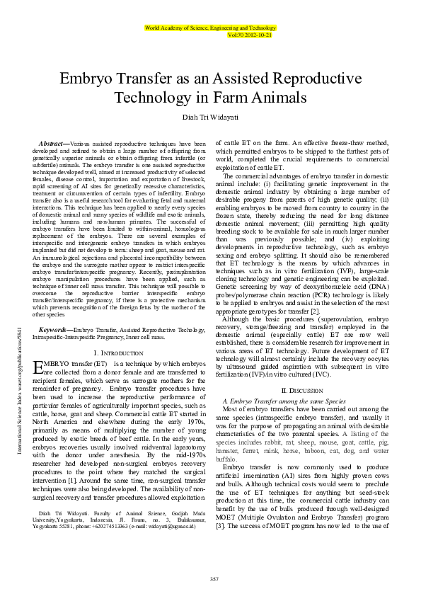 (PDF) Embryo Transfer as Assisted Reproductive Technology in Farm Animals