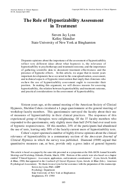 (PDF) The Role of Hypnotizability Assessment in Treatment