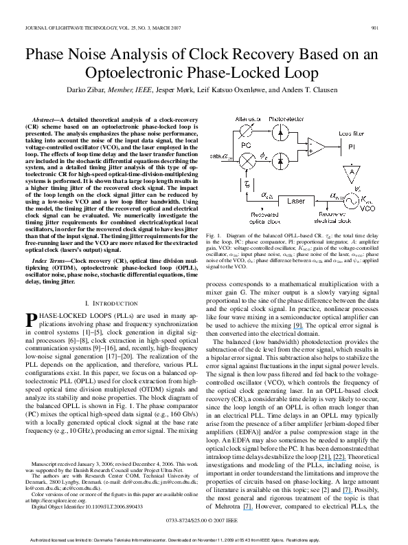 (PDF) Phase Noise Analysis of Clock Recovery Based on an Optoelectronic Phase-Locked Loop
