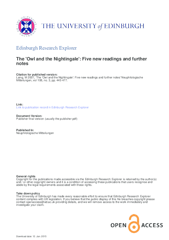 (PDF) The 'Owl and the Nightingale': Five new readings and further ...