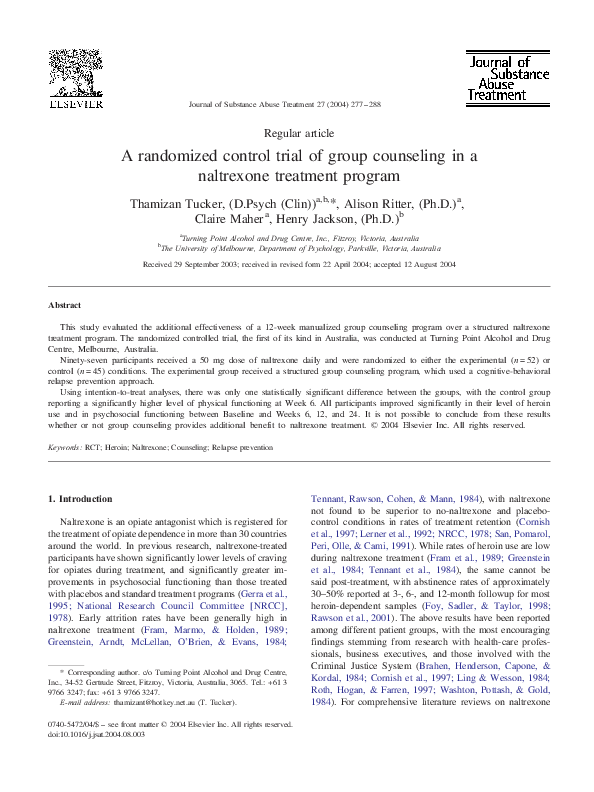 (PDF) A randomized control trial of group counseling in a naltrexone treatment program | Alison ...