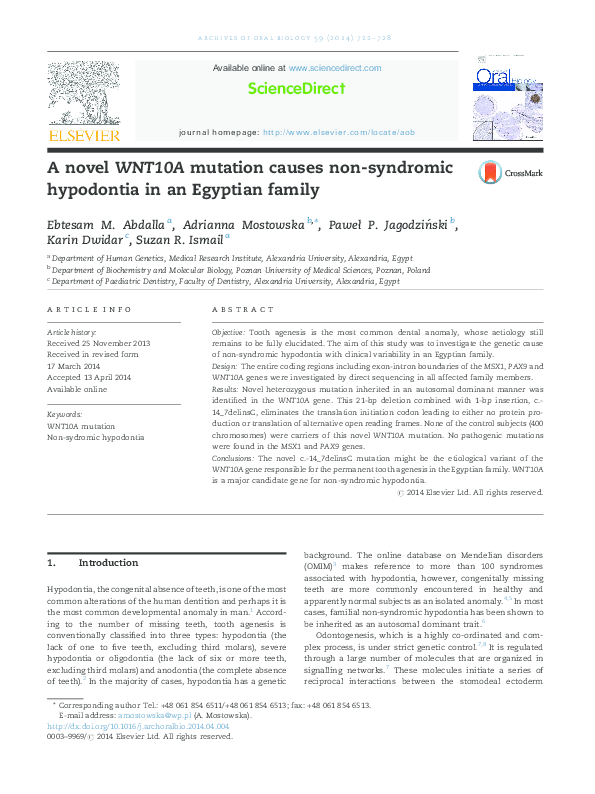 (PDF) A novel WNT10A mutation causes non-syndromic hypodontia in an ...