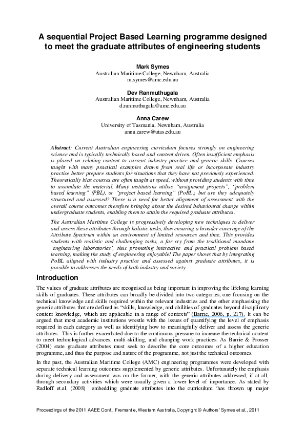 Pdf A Sequential Project Based Learning Programme Designed To Meet The Graduate Attributes Of