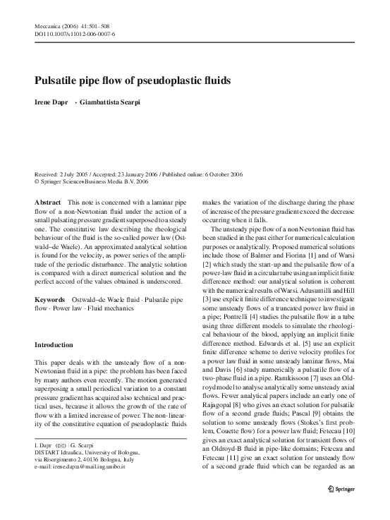 (PDF) Pulsatile pipe flow of pseudoplastic fluids